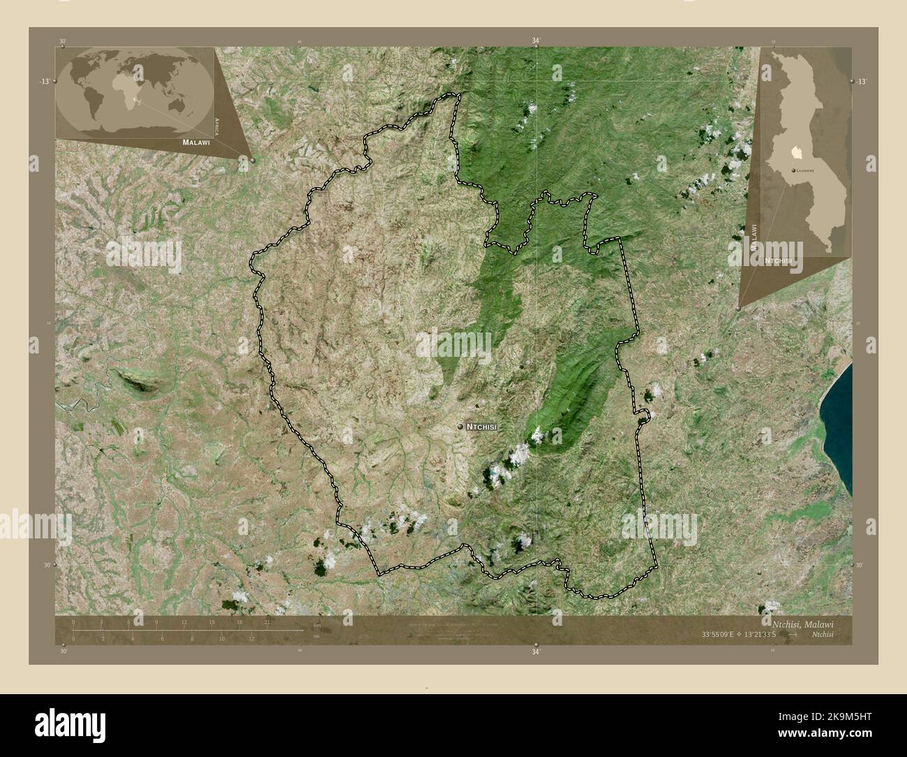 Ntchisi, district of Malawi. High resolution satellite map. Locations ...