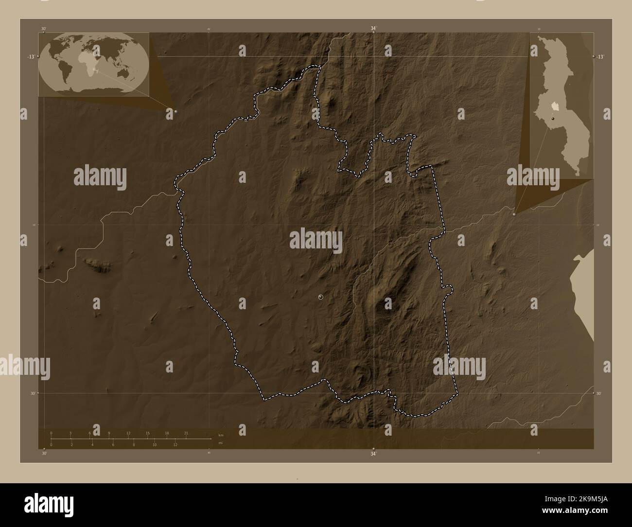 Ntchisi, district of Malawi. Elevation map colored in sepia tones with ...