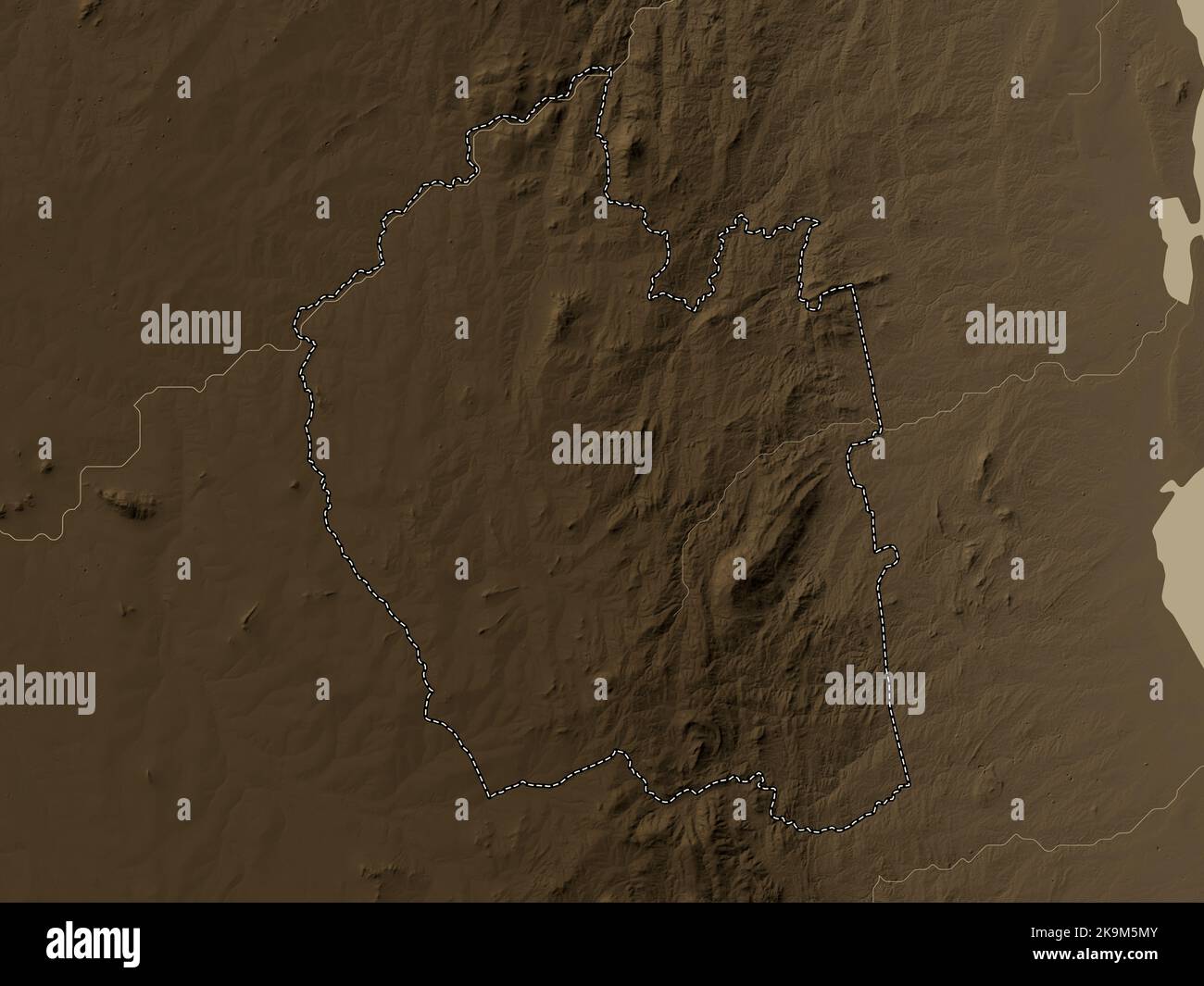 Ntchisi, district of Malawi. Elevation map colored in sepia tones with ...