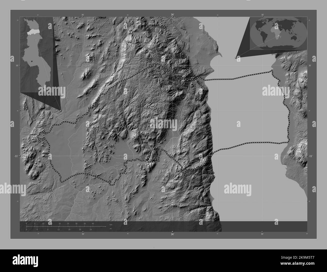 Rumphi, district of Malawi. Bilevel elevation map with lakes and rivers ...
