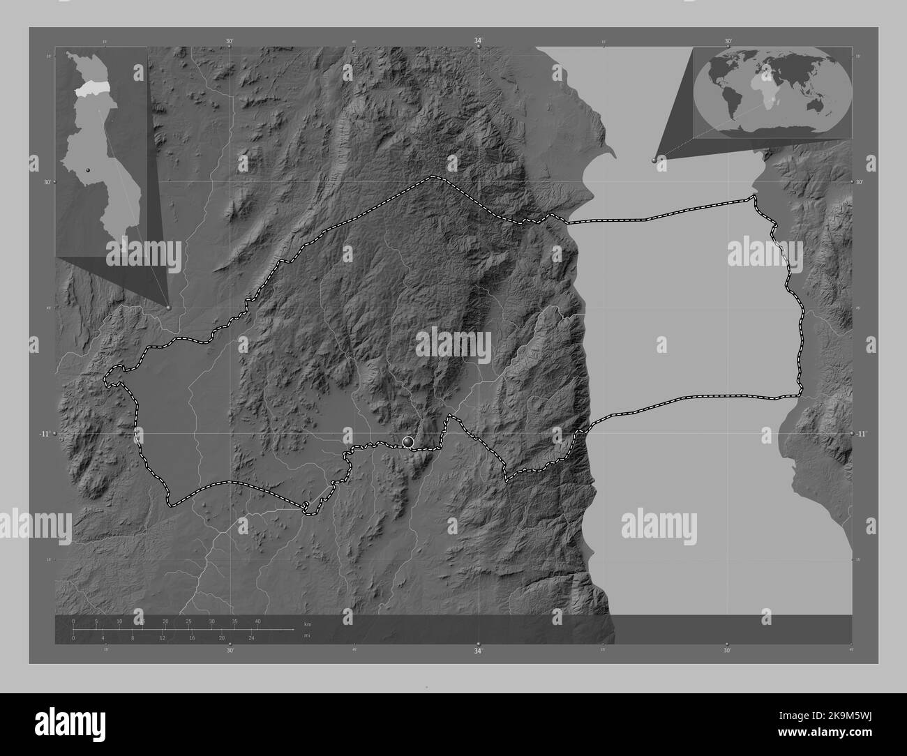 Rumphi, district of Malawi. Grayscale elevation map with lakes and ...