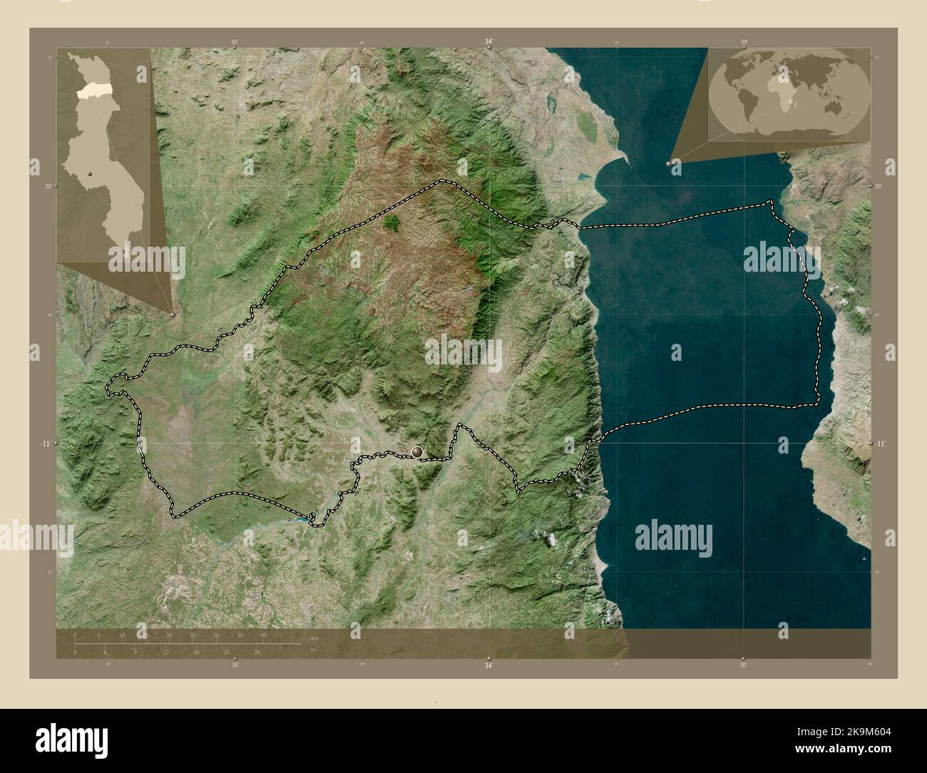 Rumphi, district of Malawi. High resolution satellite map. Corner ...
