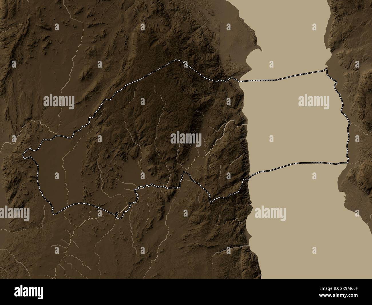 Rumphi, district of Malawi. Elevation map colored in sepia tones with ...