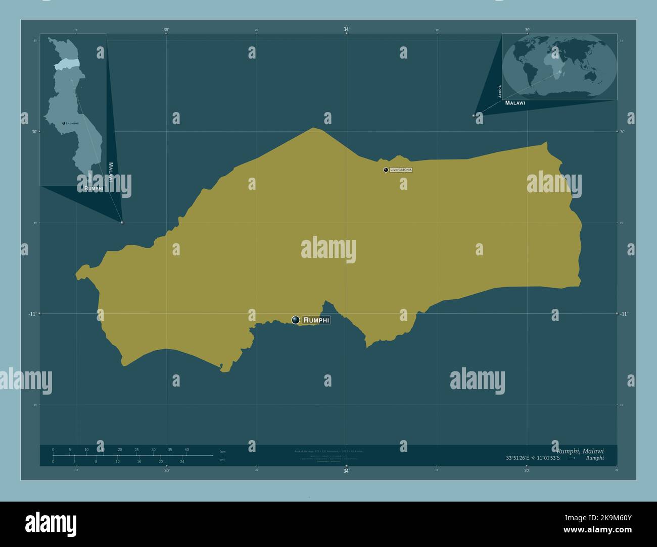 Rumphi, district of Malawi. Solid color shape. Locations and names of ...