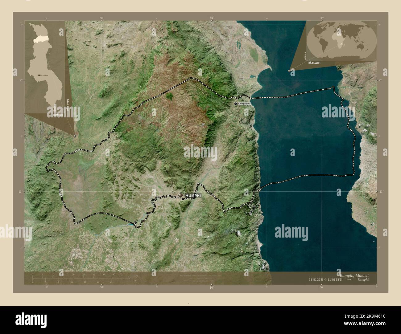 Rumphi, district of Malawi. High resolution satellite map. Locations ...