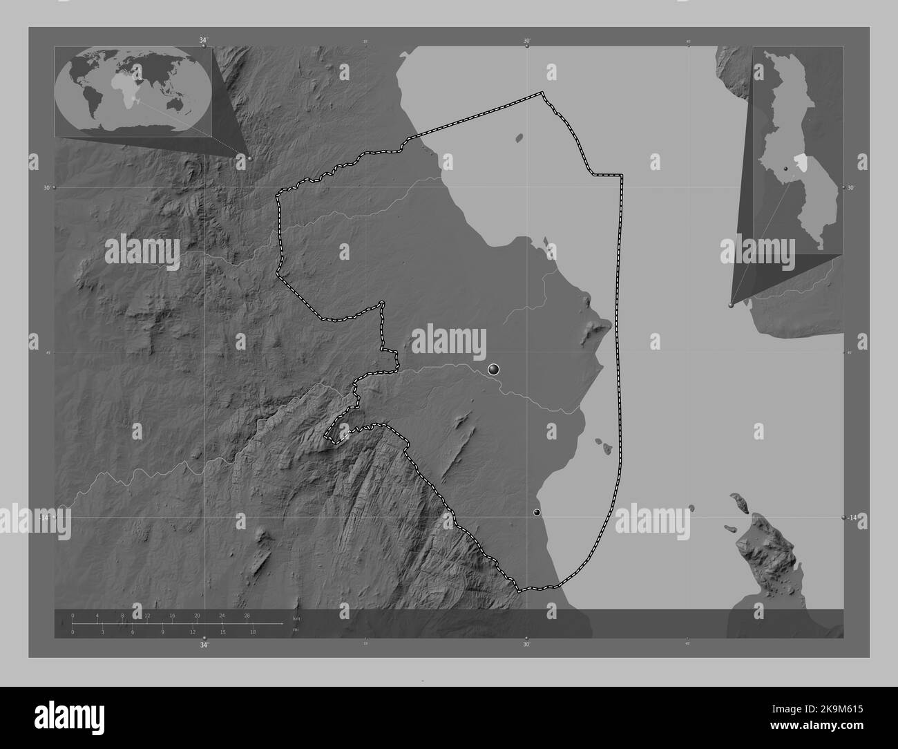 Salima, district of Malawi. Grayscale elevation map with lakes and ...