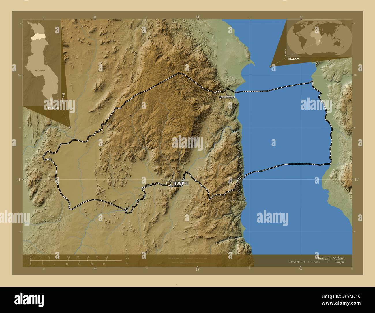 Rumphi, district of Malawi. Colored elevation map with lakes and rivers ...