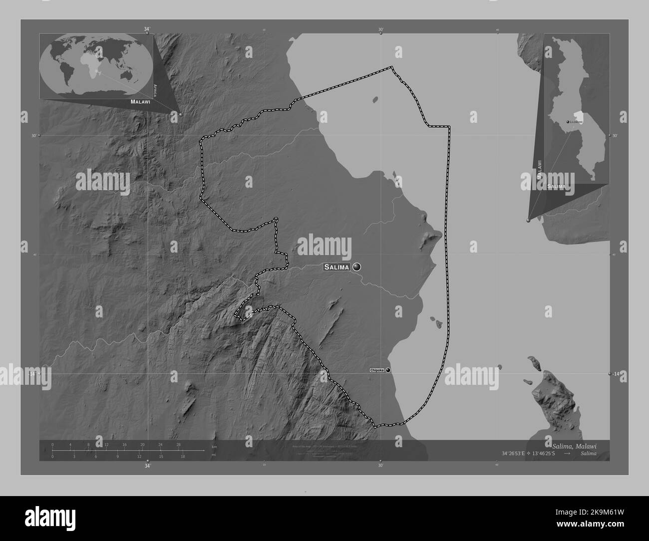 Salima, district of Malawi. Grayscale elevation map with lakes and ...