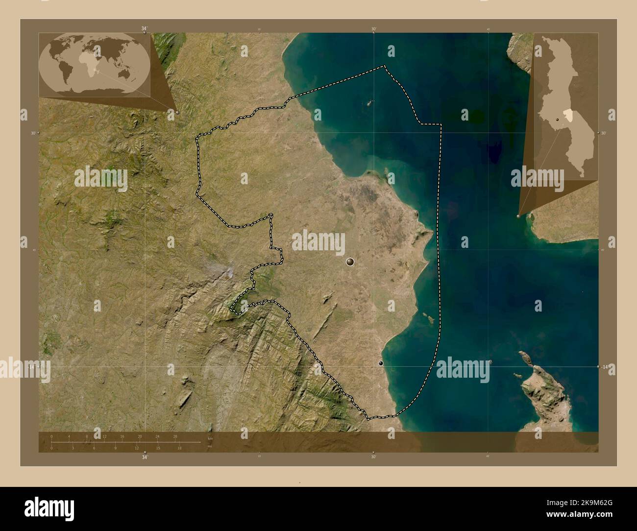 Salima, district of Malawi. Low resolution satellite map. Locations of ...