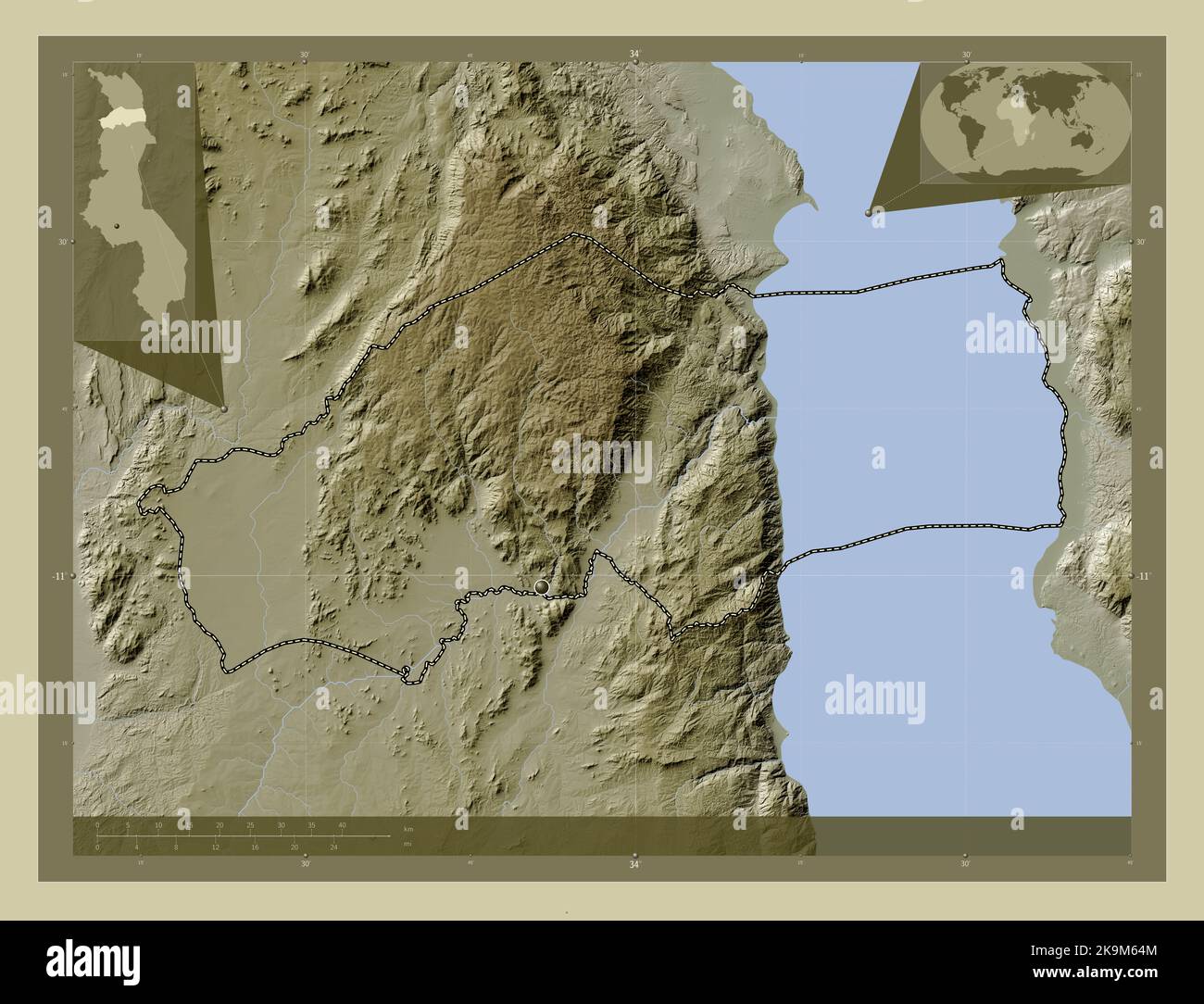 Rumphi, district of Malawi. Elevation map colored in wiki style with lakes and rivers. Corner ...