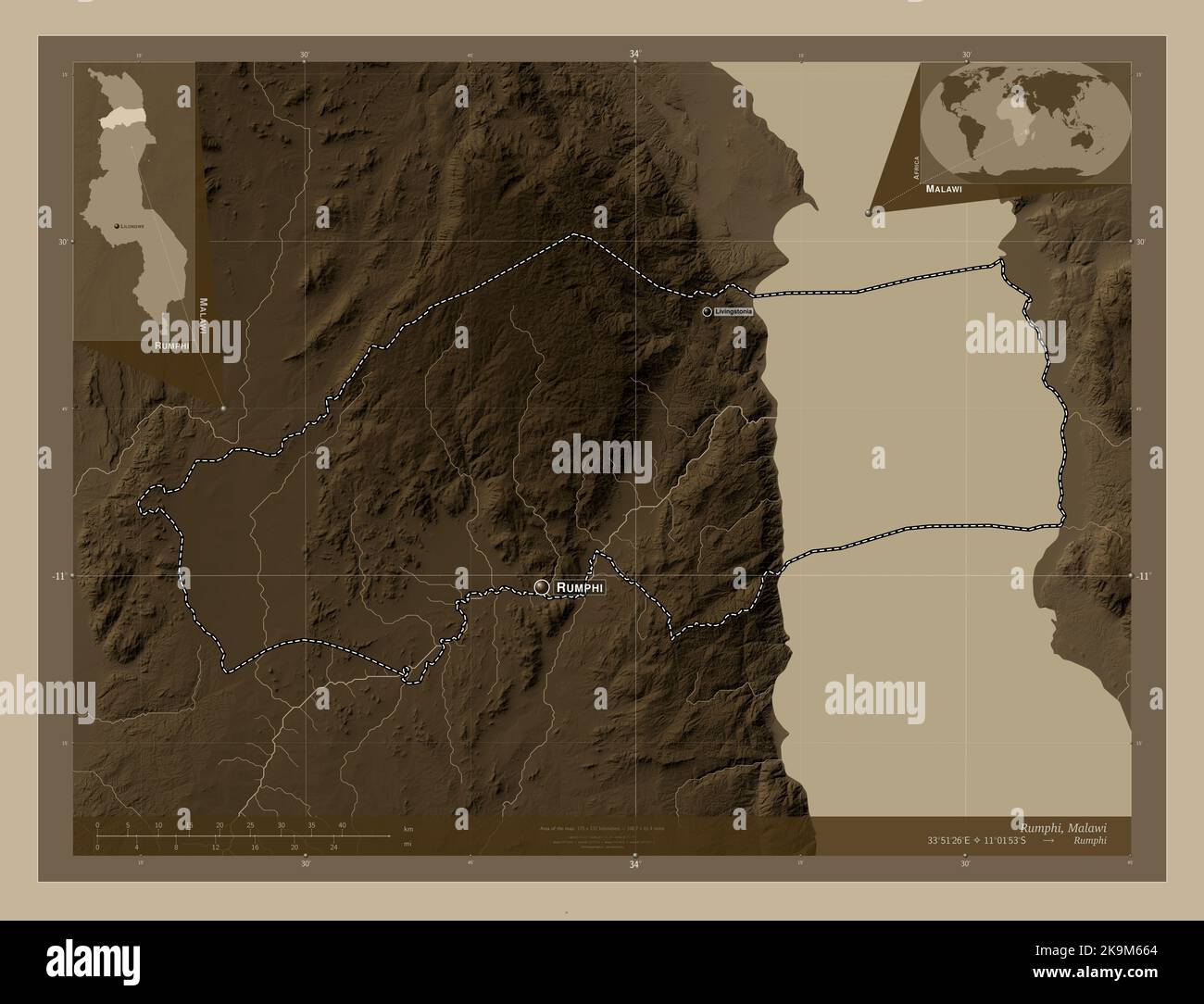 Rumphi, district of Malawi. Elevation map colored in sepia tones with ...