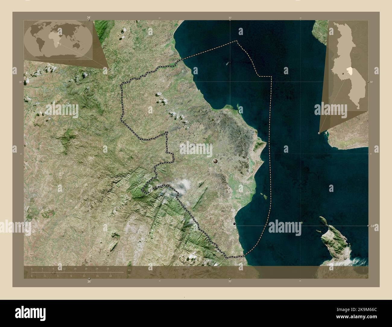 Salima, district of Malawi. High resolution satellite map. Locations of ...