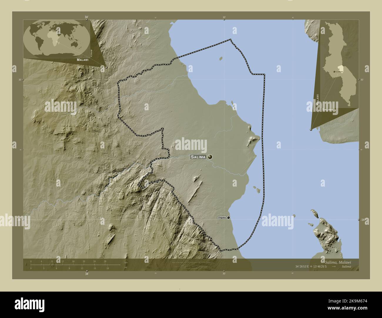 Salima, district of Malawi. Elevation map colored in wiki style with ...