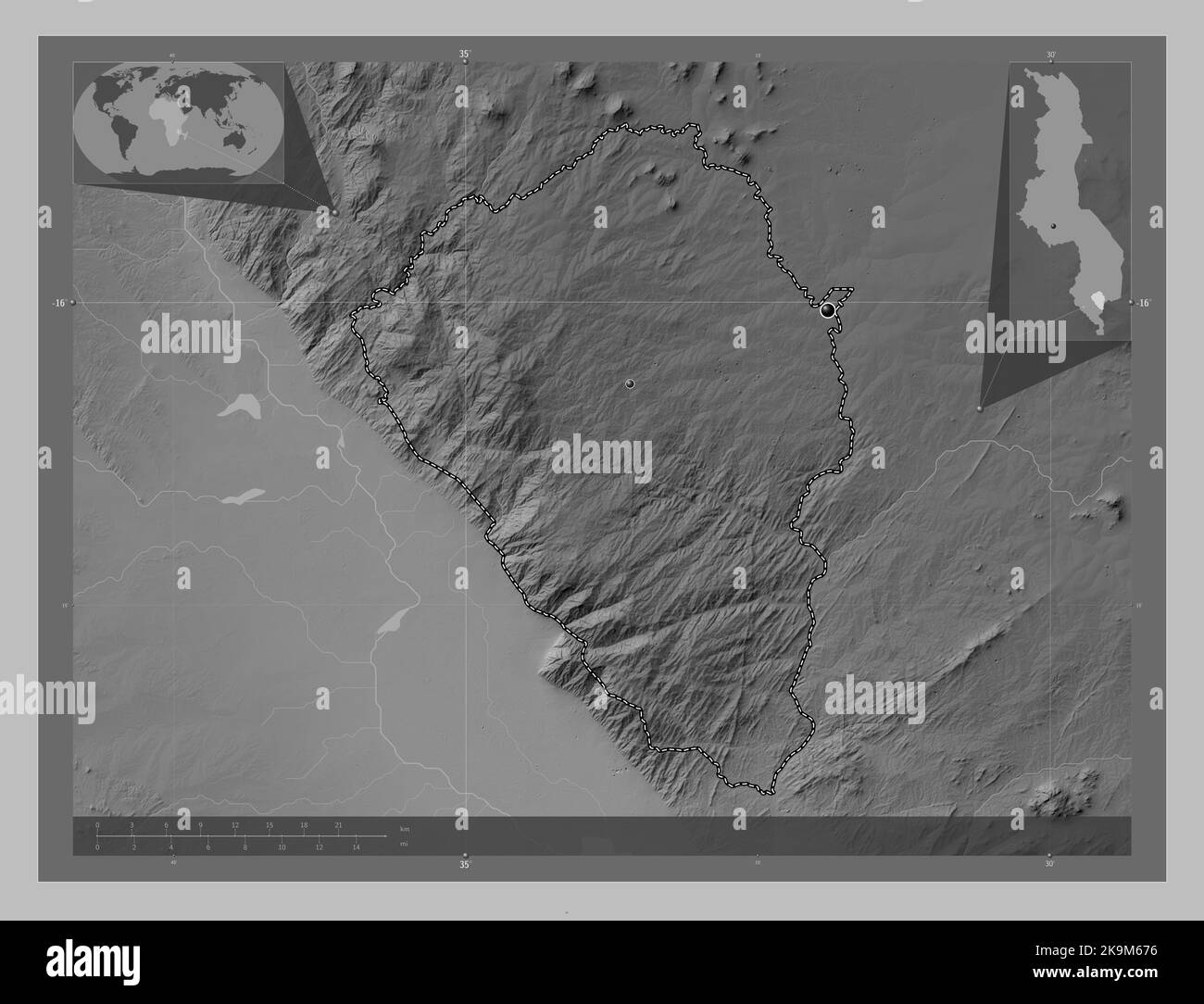 Thyolo, district of Malawi. Grayscale elevation map with lakes and ...