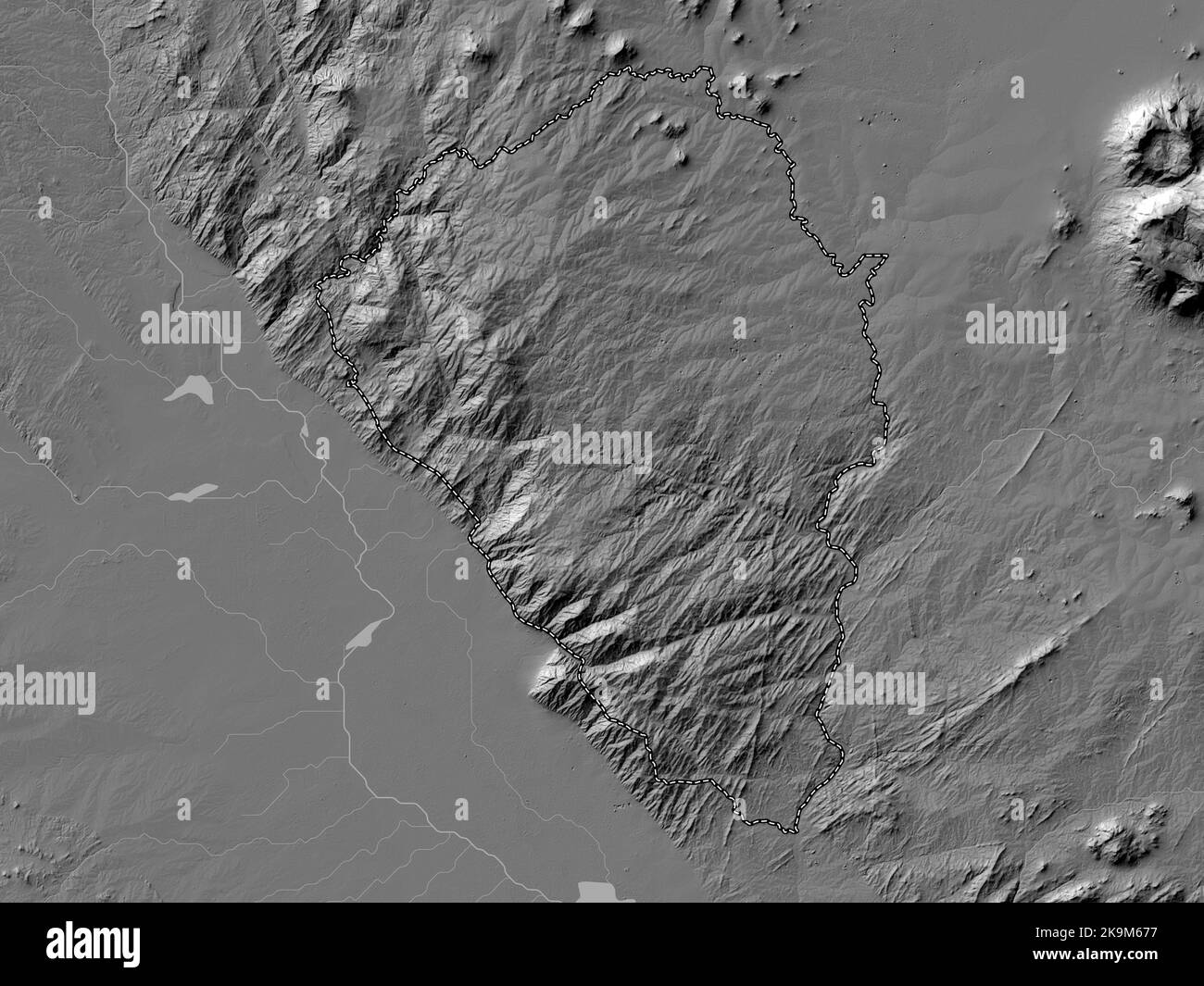 Thyolo, district of Malawi. Bilevel elevation map with lakes and rivers ...