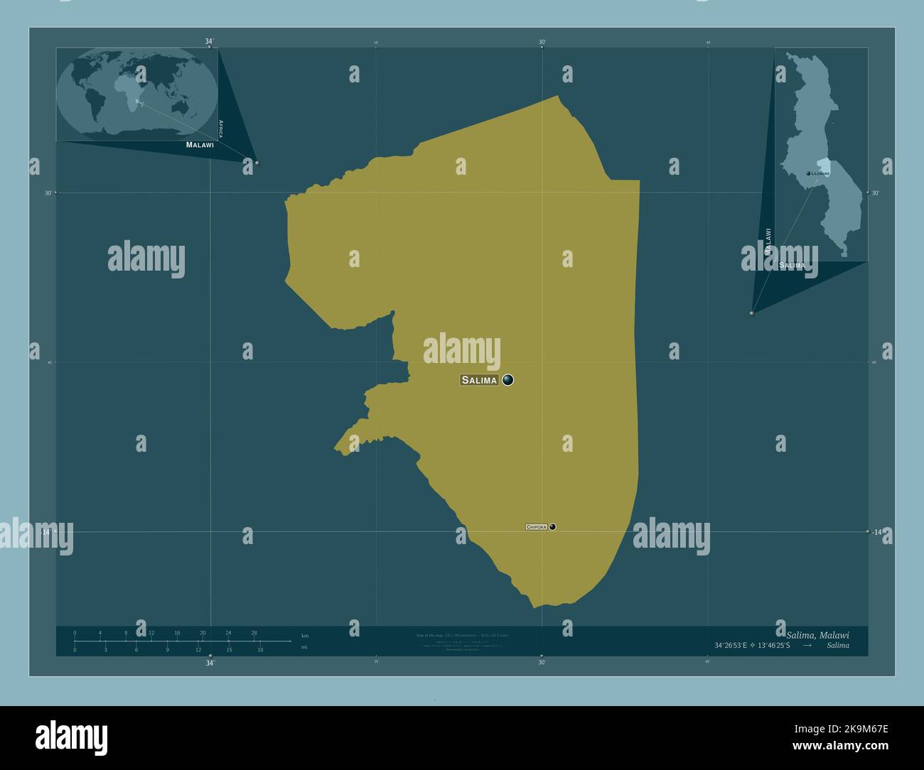 Salima, district of Malawi. Solid color shape. Locations and names of ...