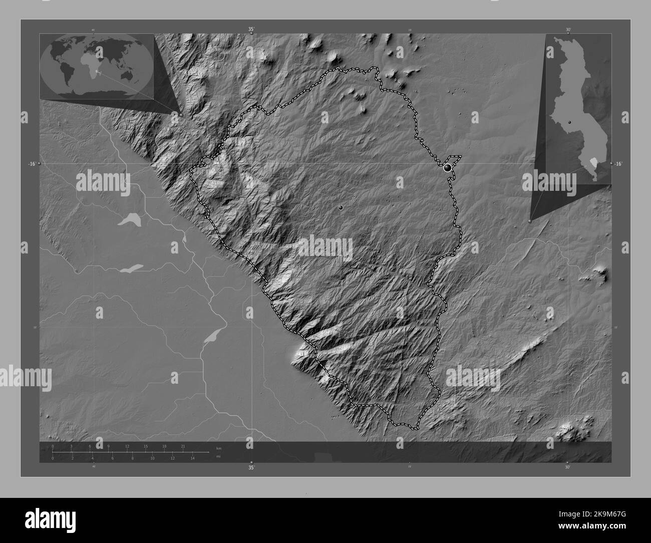 Thyolo, district of Malawi. Bilevel elevation map with lakes and rivers ...