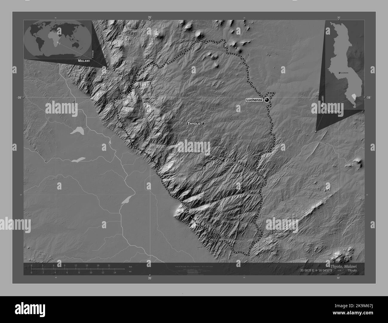 Thyolo, district of Malawi. Bilevel elevation map with lakes and rivers ...
