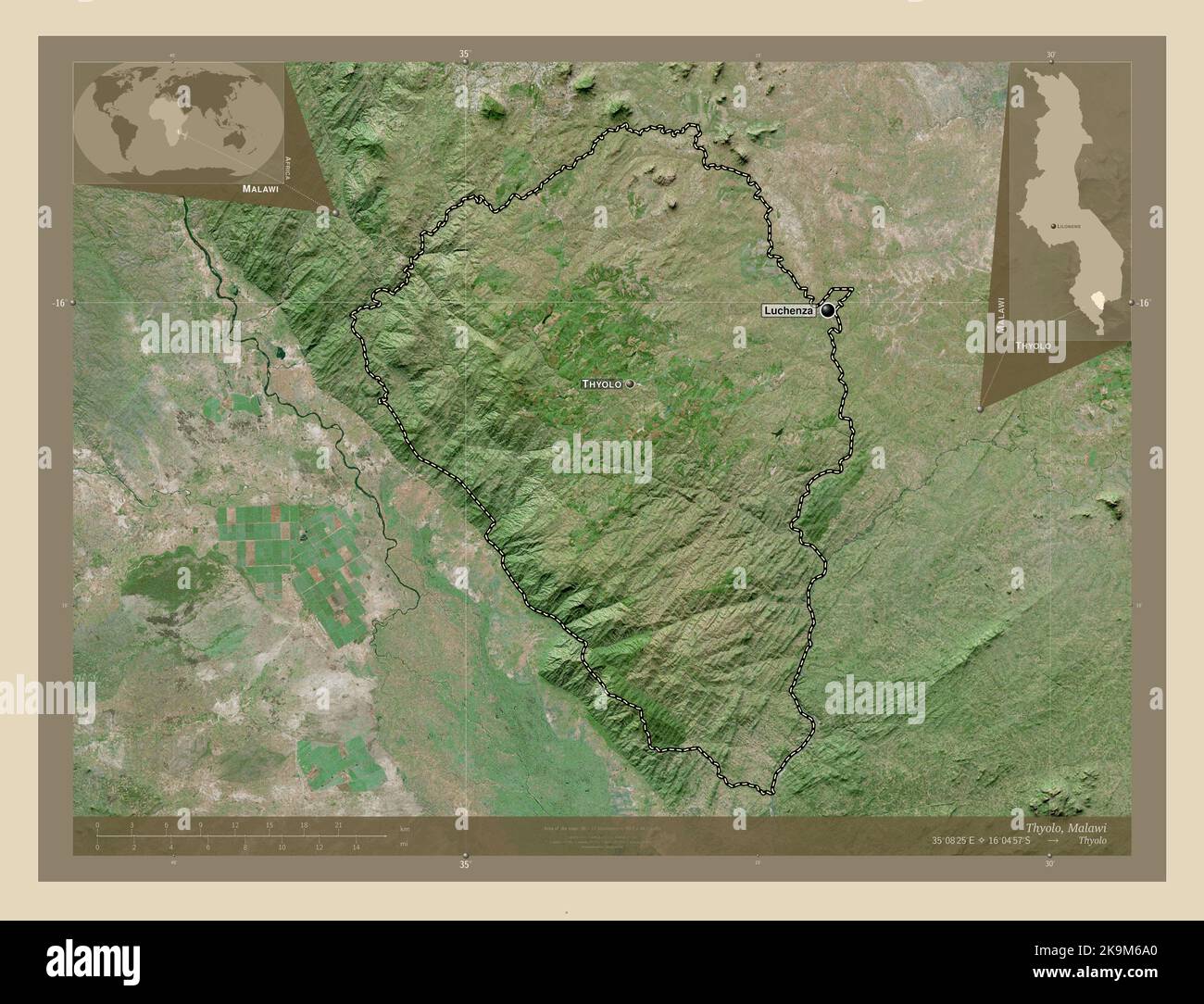 Thyolo, district of Malawi. High resolution satellite map. Locations ...