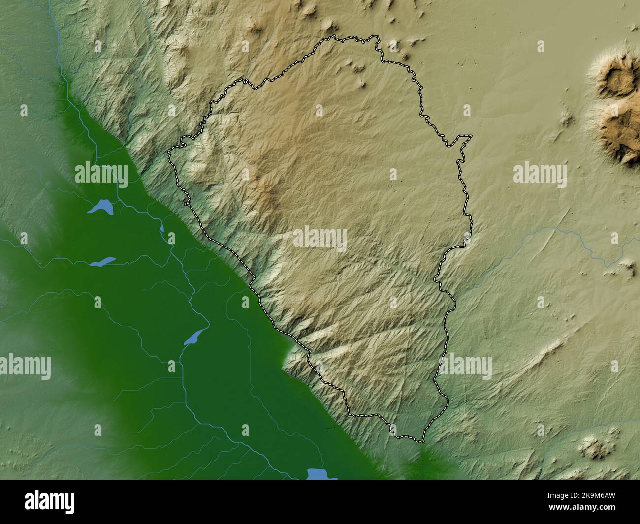 Thyolo, district of Malawi. Colored elevation map with lakes and rivers ...