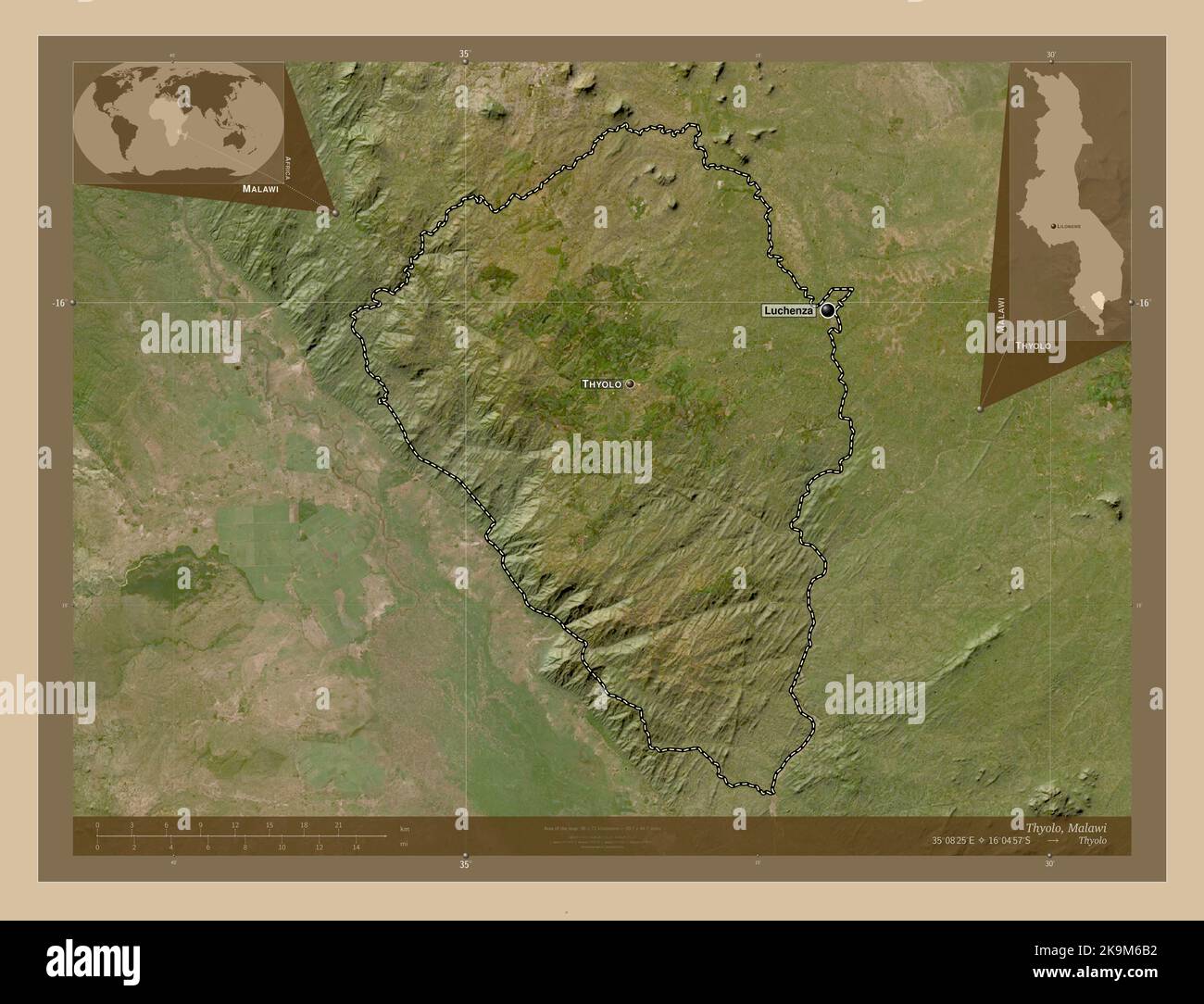 Thyolo, district of Malawi. Low resolution satellite map. Locations and ...
