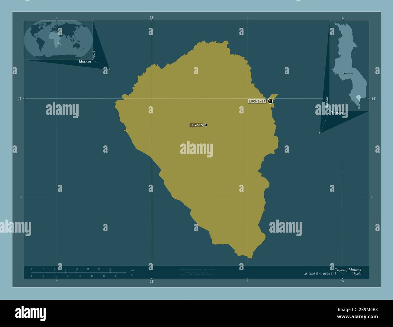 Thyolo, district of Malawi. Solid color shape. Locations and names of ...