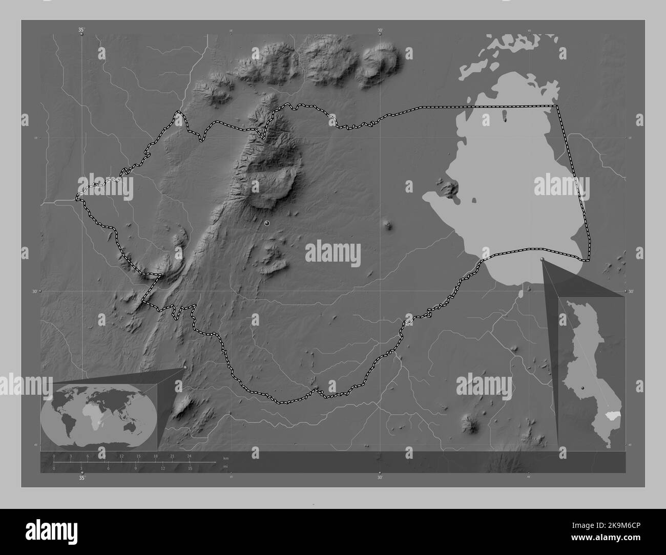 Zomba, district of Malawi. Grayscale elevation map with lakes and ...