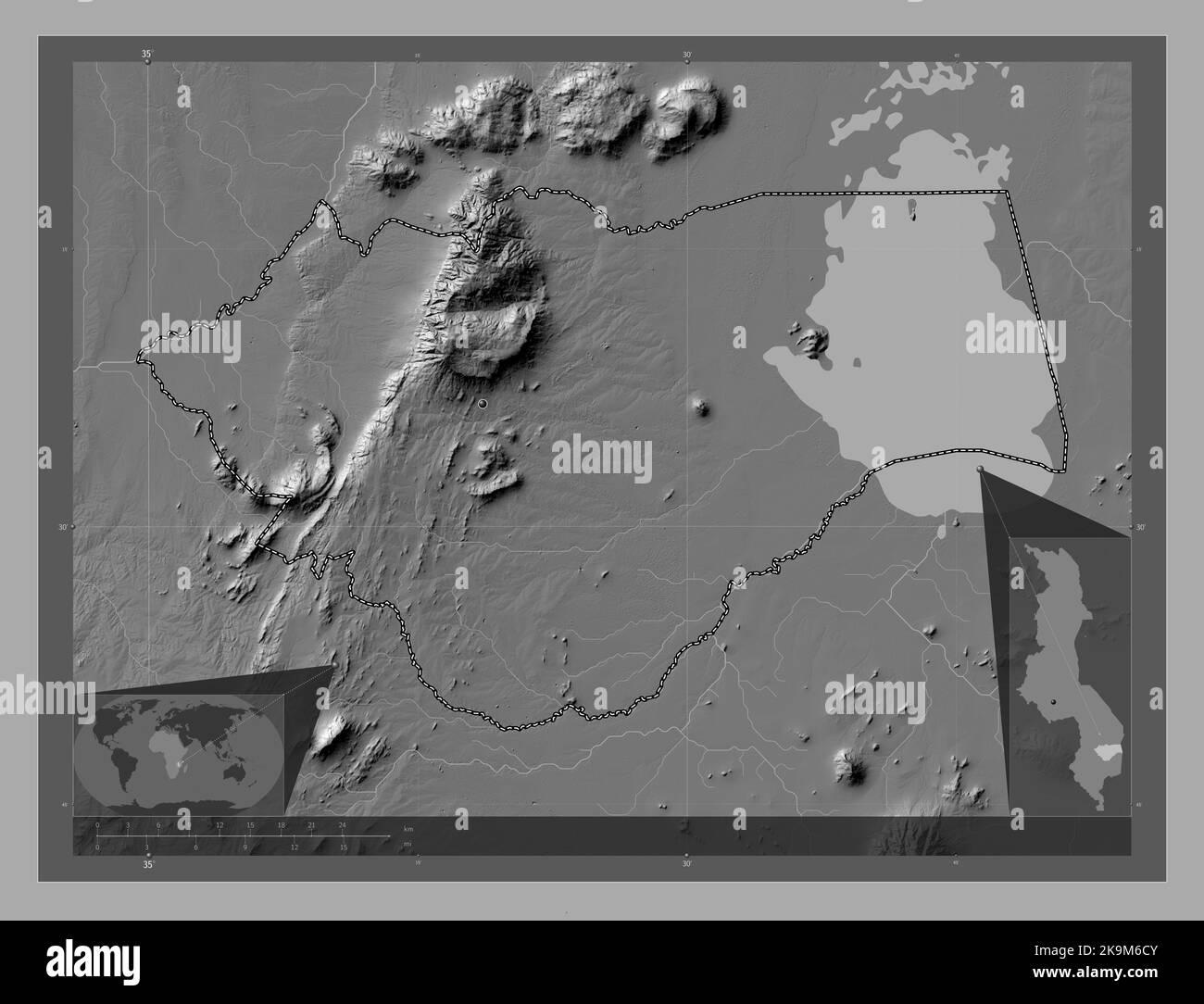 Zomba, district of Malawi. Bilevel elevation map with lakes and rivers ...