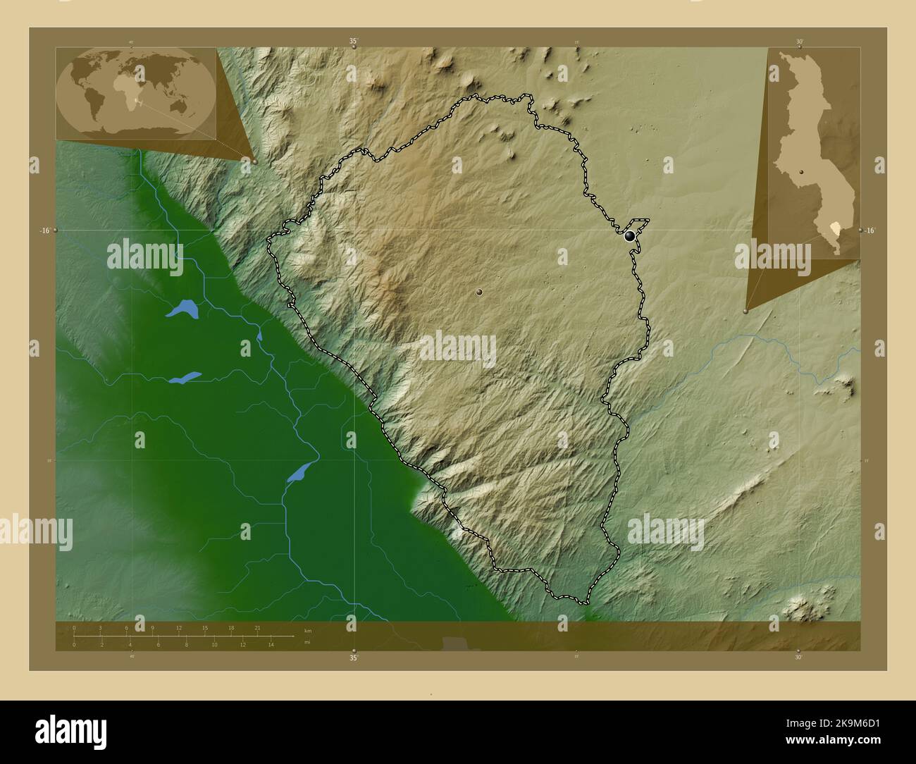 Thyolo, district of Malawi. Colored elevation map with lakes and rivers ...
