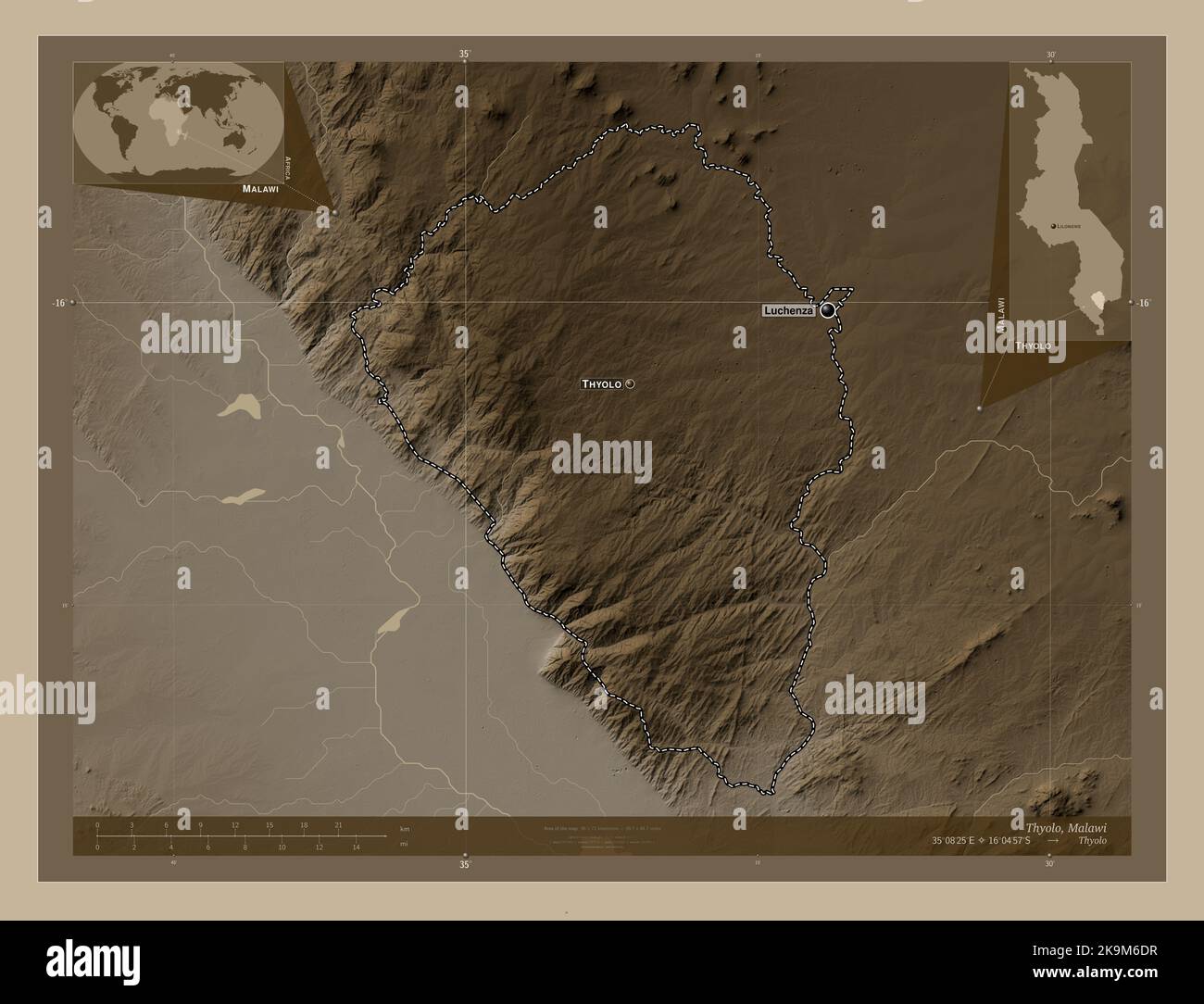 Thyolo, district of Malawi. Elevation map colored in sepia tones with ...