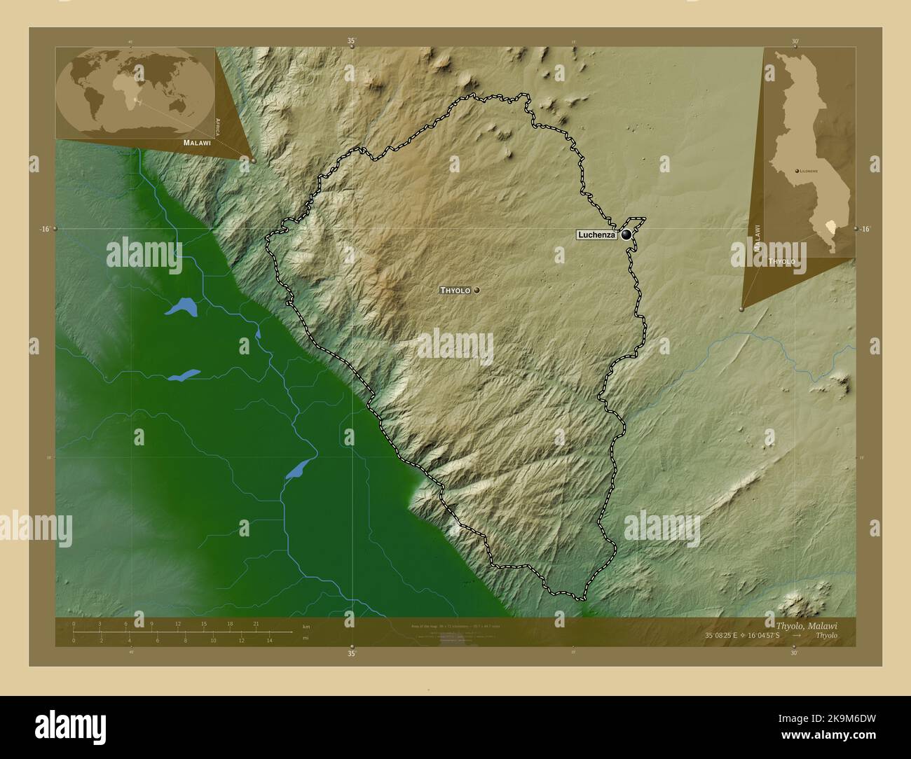 Thyolo, district of Malawi. Colored elevation map with lakes and rivers ...