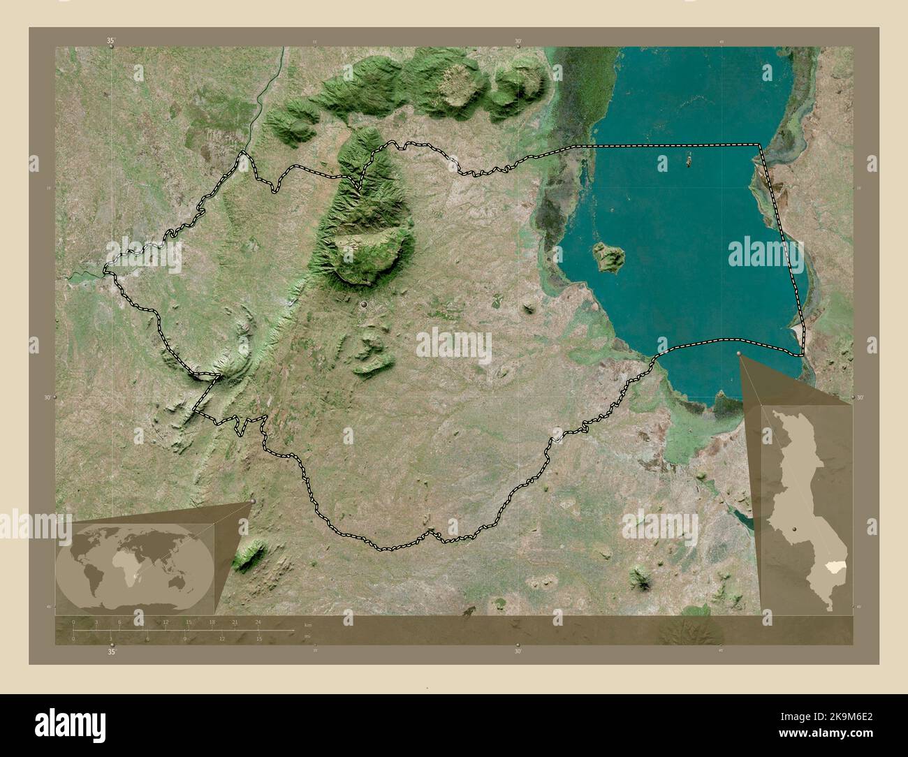Zomba, district of Malawi. High resolution satellite map. Corner ...