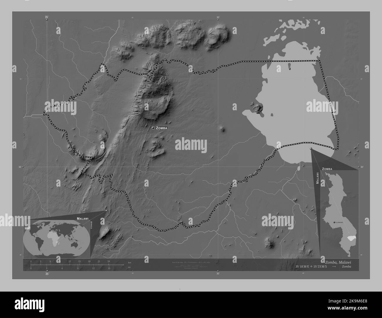 Zomba, district of Malawi. Grayscale elevation map with lakes and ...