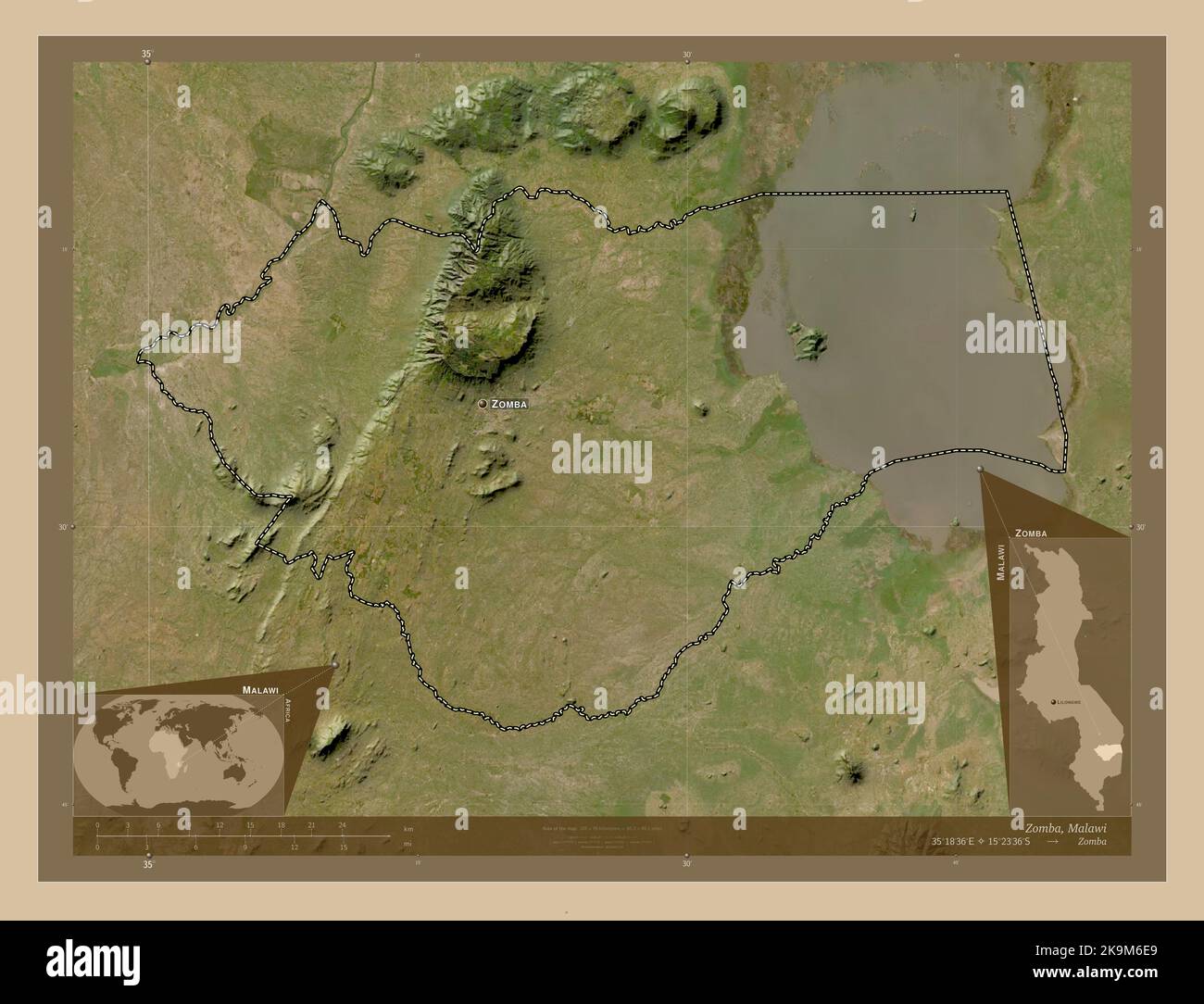 Zomba, district of Malawi. Low resolution satellite map. Locations and ...