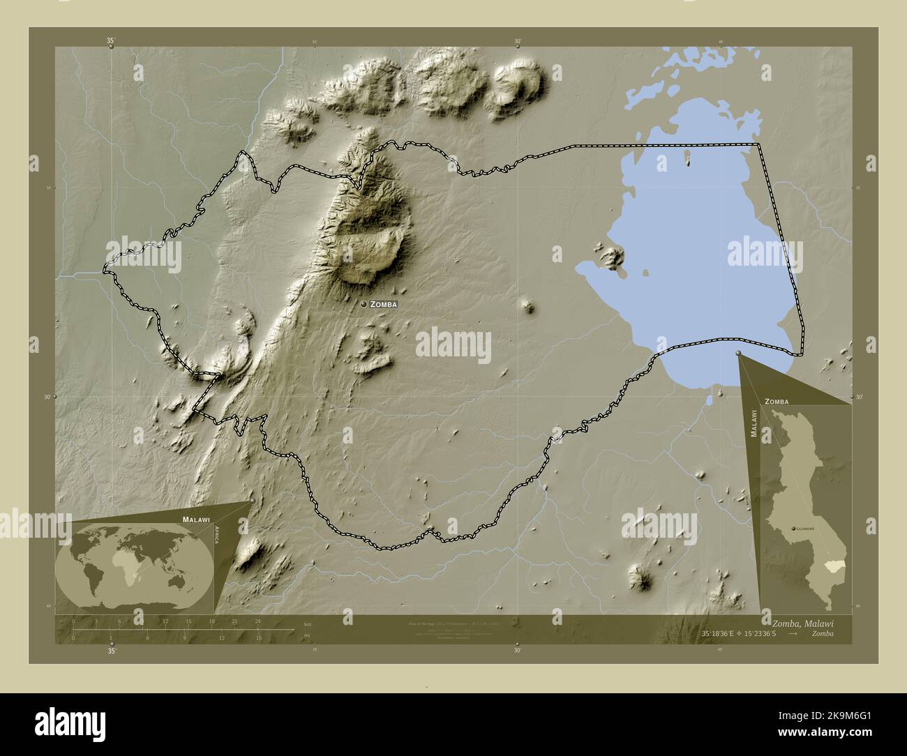 Zomba, district of Malawi. Elevation map colored in wiki style with lakes and rivers. Locations ...