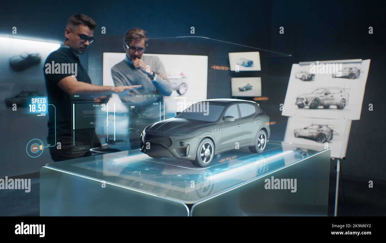 Two development engineers in the studio are designing an eco-friendly ...