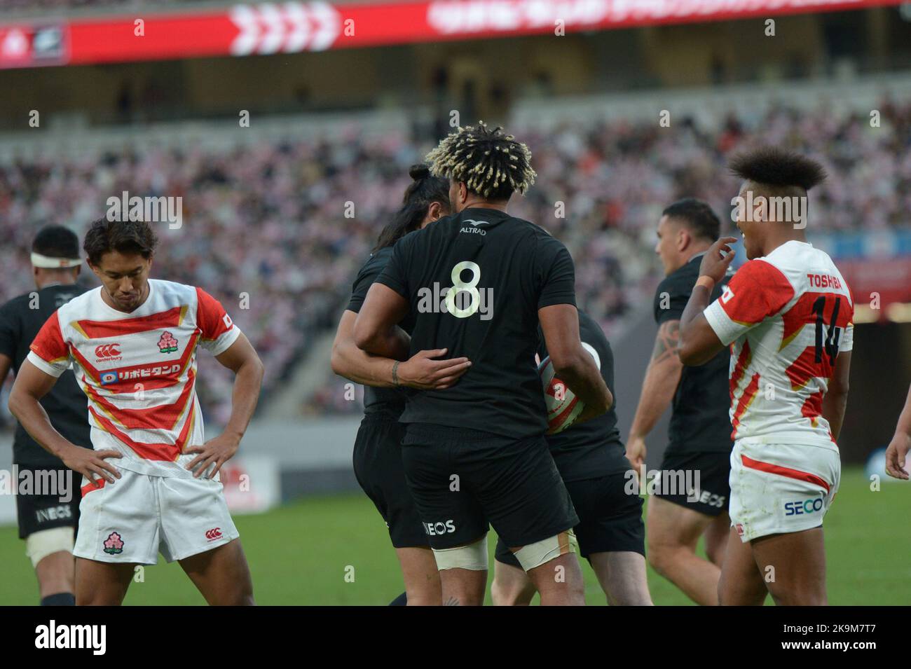 New Zealand's Hoskins Sotutu celebrates scoring a try during the rugby ...