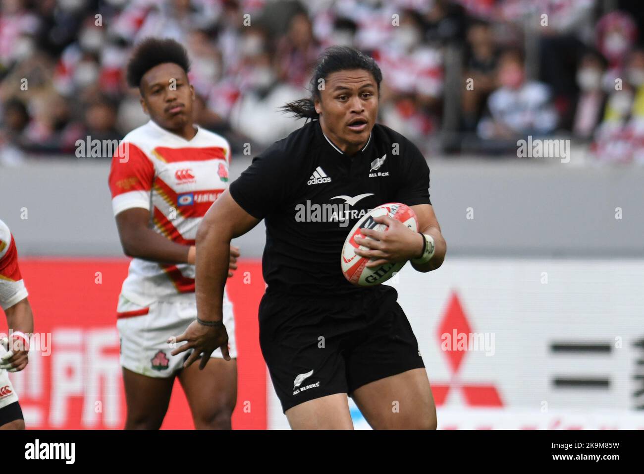 New Zealand's Caleb Clarke runs for scoring a try during the rugby test ...