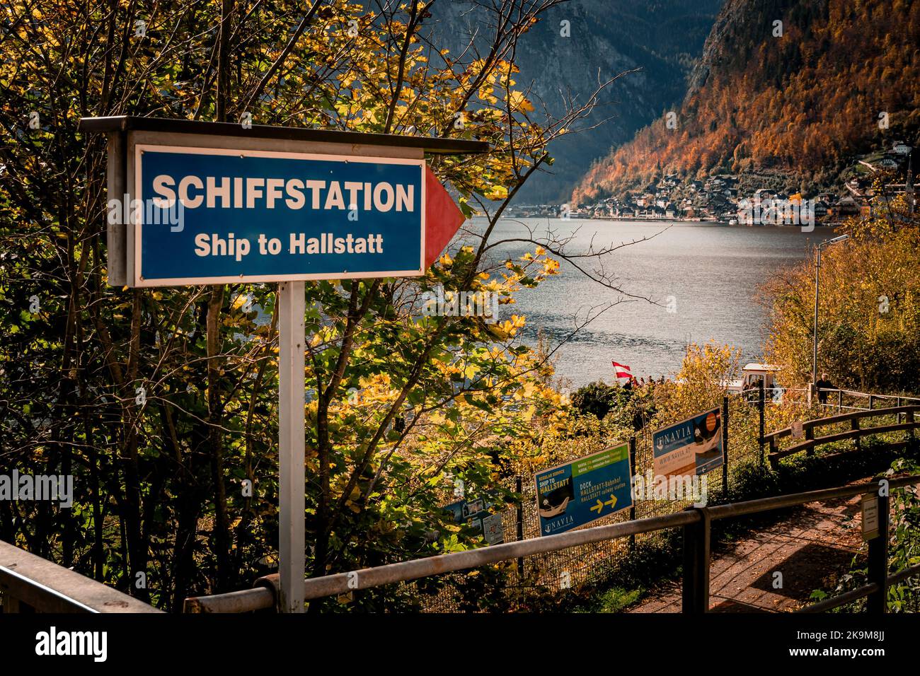 View of the sign leading the way to the pier at the Hallstatt train ...