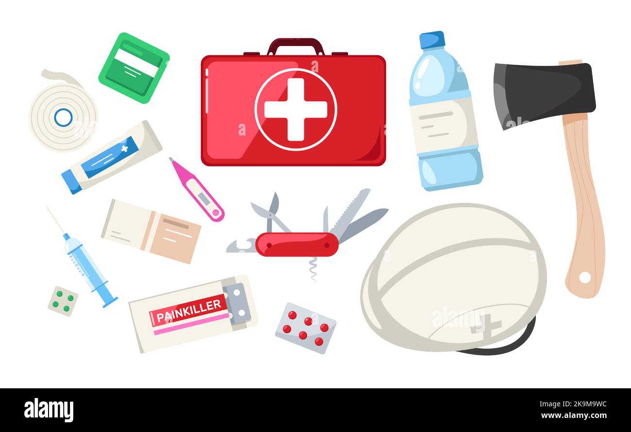 Emergency kit. Cartoon survival evacuation equipment with medical pills ...