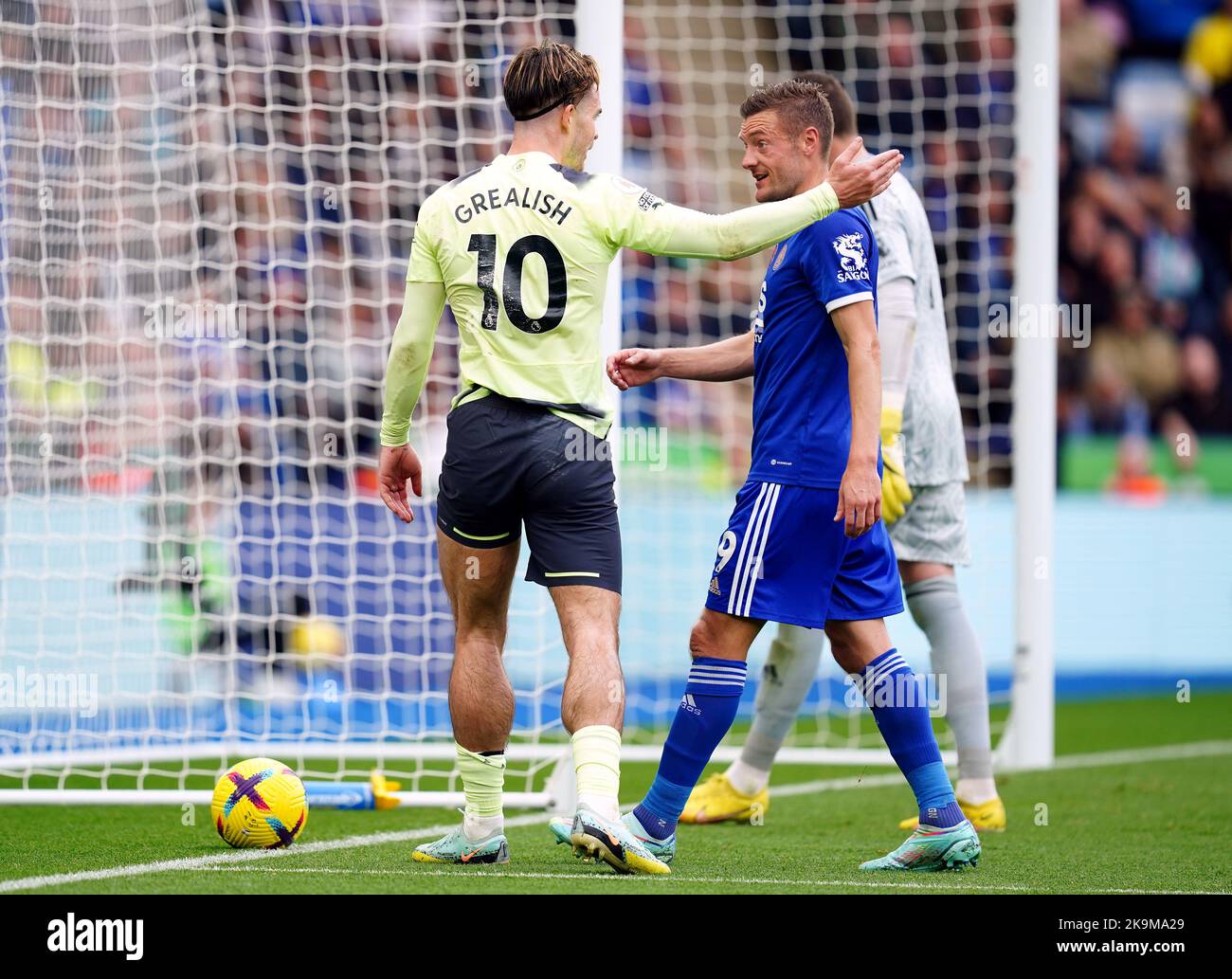 Manchester City's Jack Grealish gestures to Leicester City's Jamie ...