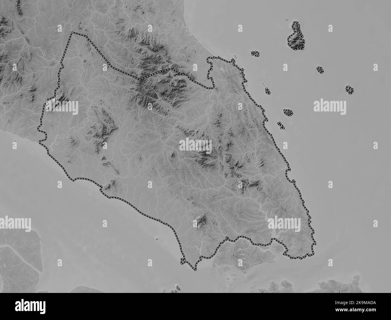 Johor, state of Malaysia. Grayscale elevation map with lakes and rivers ...