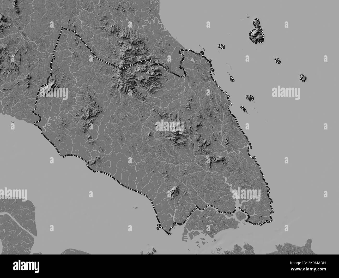 Johor, state of Malaysia. Bilevel elevation map with lakes and rivers ...