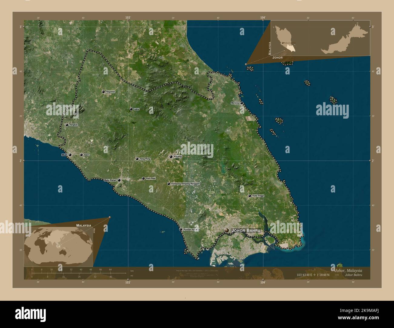 Johor, state of Malaysia. Low resolution satellite map. Locations and ...