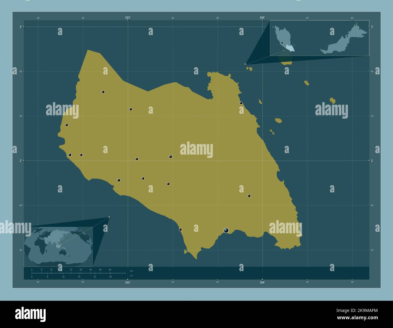 Johor, state of Malaysia. Solid color shape. Locations of major cities ...