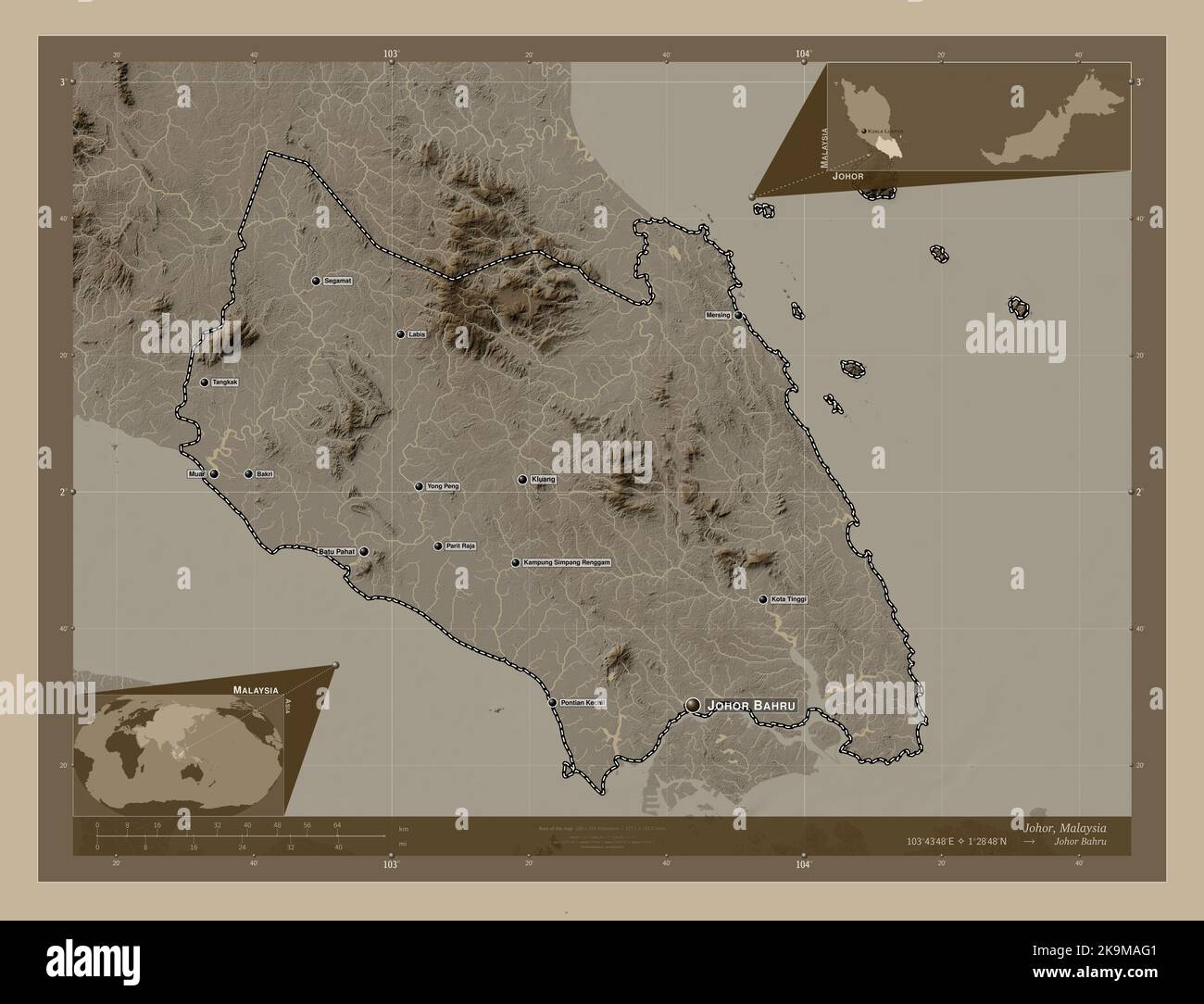 Johor, state of Malaysia. Elevation map colored in sepia tones with ...