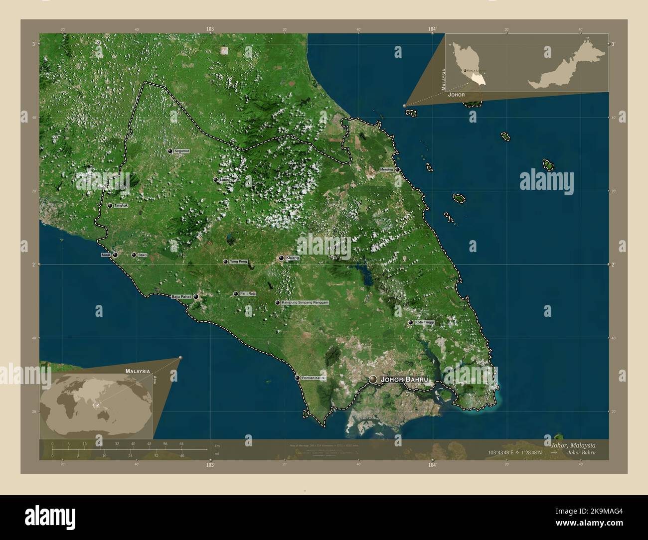 Johor, state of Malaysia. High resolution satellite map. Locations and ...