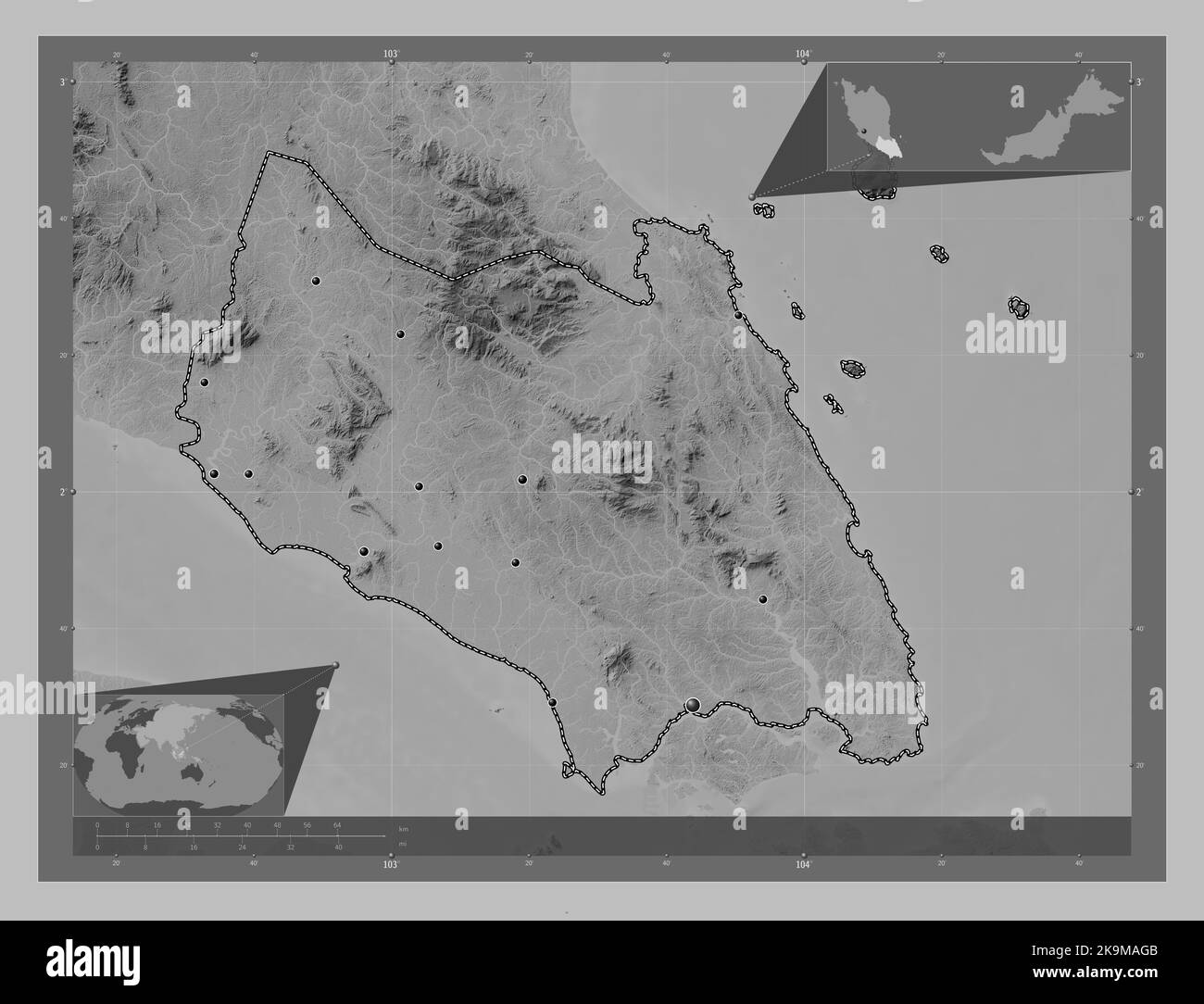 Johor, state of Malaysia. Grayscale elevation map with lakes and rivers ...