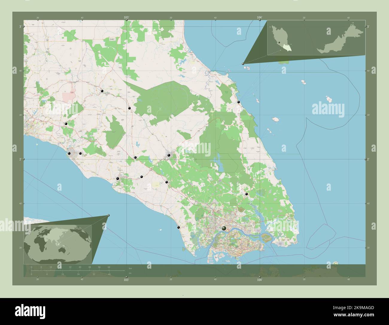 Johor, state of Malaysia. Open Street Map. Locations of major cities of ...