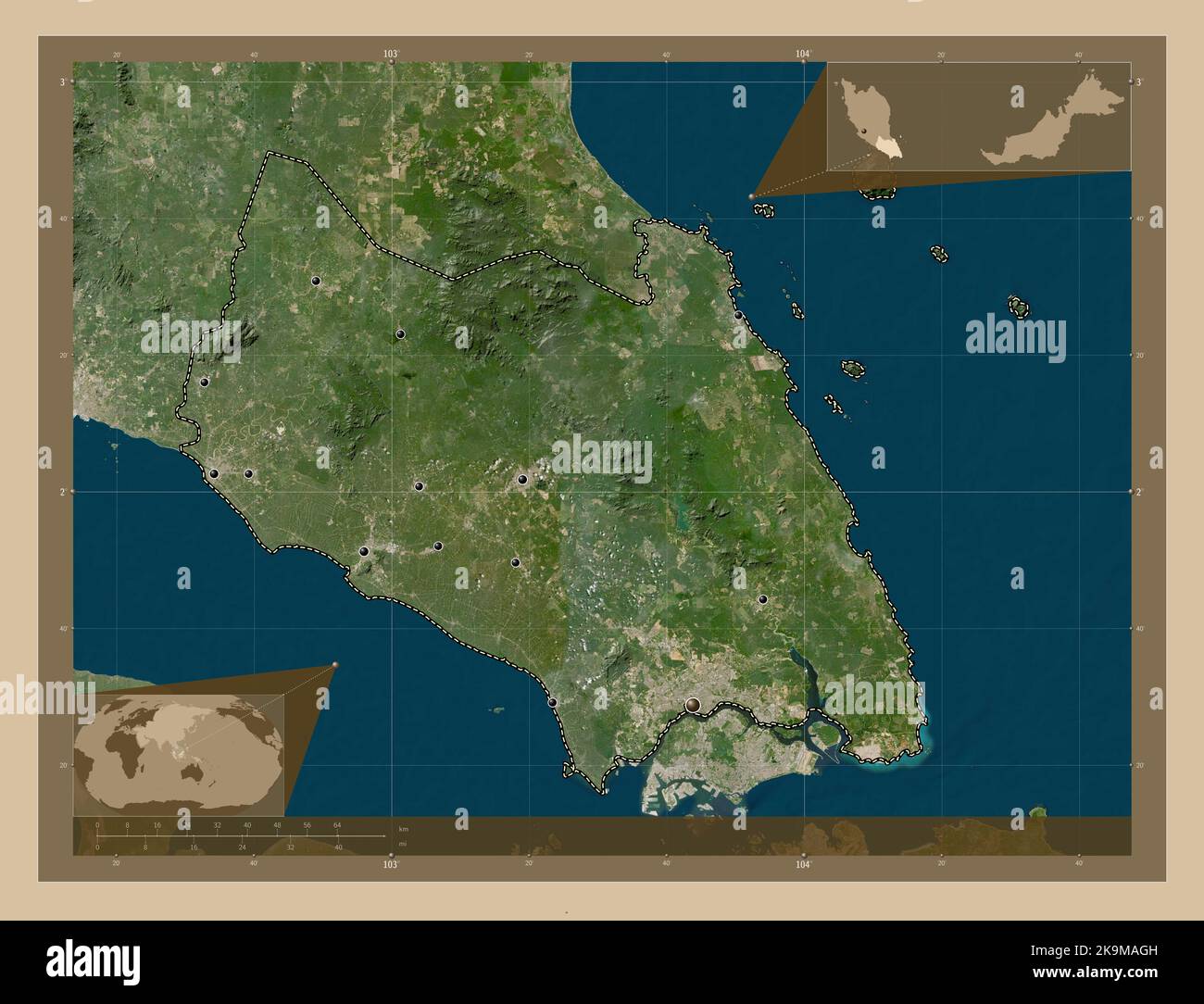 Johor, state of Malaysia. Low resolution satellite map. Locations of ...